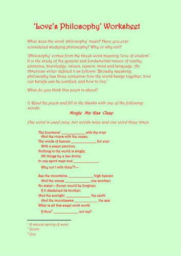 Love's Philosophy PPT & worksheet - Percy Bysshe Shelley | Teaching ...