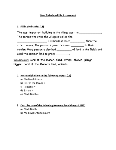 Year 7 Medieval Life Assessment | Teaching Resources