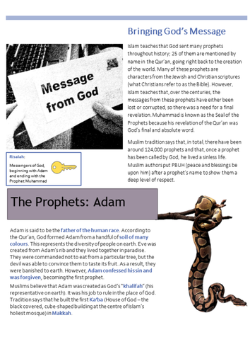 WJEC Eduqas Information Pages Revision Sheets for Islam: The Prophets ...