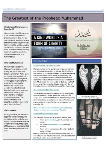 WJEC Eduqas Information Pages Revision Sheets for Islam: The Prophets ...