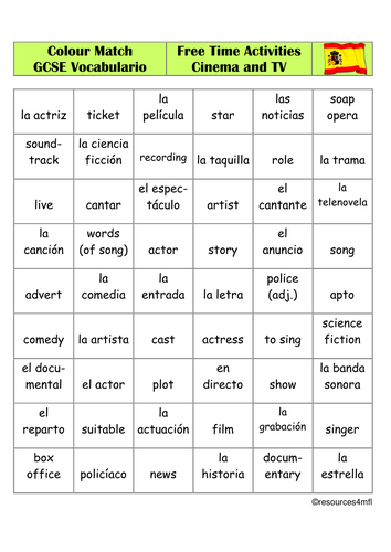 GCSE SPANISH - Free Time Activities - Cinema and TV - COLOUR MATCH ...