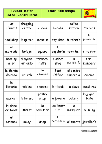 GCSE SPANISH - Town and Shops -COLOUR MATCH | Teaching Resources