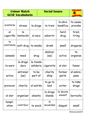 GCSE SPANISH - Social Issues - COLOUR MATCH | Teaching Resources GCSE SPANISH - Social Issues - COLOUR MATCH | Teaching Resources