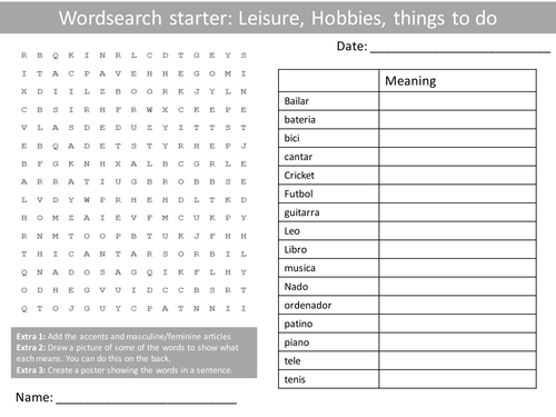 Spanish Freetime Hobbies Wordsearch Crossword Anagrams Keyword Starters ...