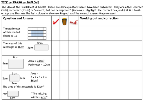 Area and perimeter - tick or trash or improve | Teaching Resources