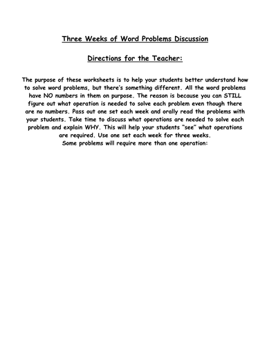 Three Weeks of Word Problems Discussion (6 Worksheets of 35 Problems ...
