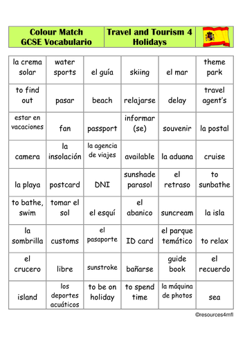 GCSE SPANISH - Travel and Tourism 4 (Holidays) - COLOUR MATCH ...