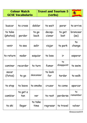 GCSE SPANISH - Travel and Tourism 5 (verbs) - COLOUR MATCH | Teaching ...