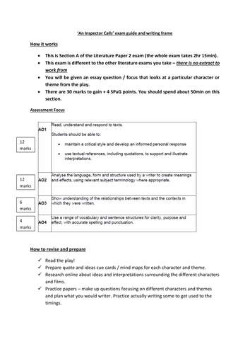An Inspector Calls AQA Literature exam guide and writing frame ...