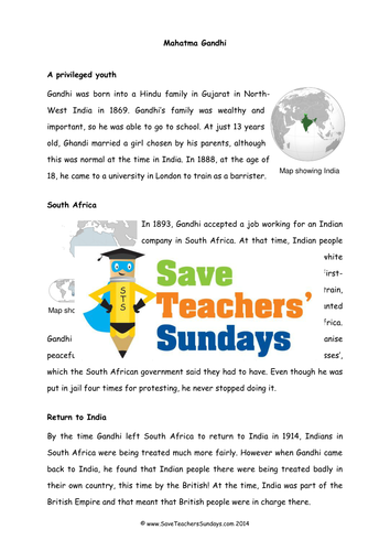 Gandhi biography Comprehension / Guided reading (4 levels of difficulty ...