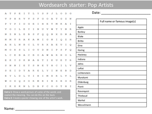 Art Pop Artists KS3 GCSE Wordsearch Crossword Anagrams Keyword Starters ...