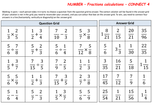 Calculating with fractions and mixed number - Connect 4 game | Teaching ...