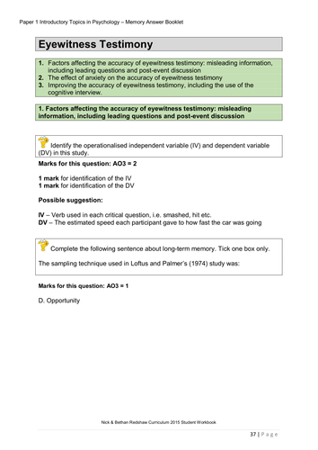 Workbook Answers - Eyewitness Testimony | Teaching Resources