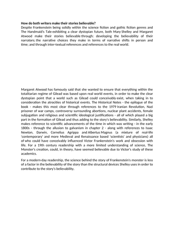 Frankenstein and Handmaid's Tale - Model Essays - A-Level A grade ...