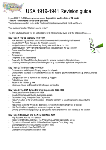 USA 1919-1941 Student revision booklet | Teaching Resources