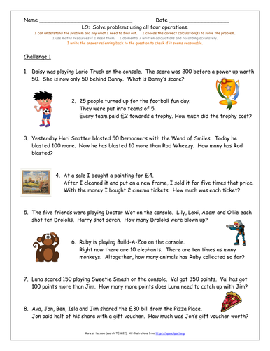 KS2 Y3 Y4 Over 100 Differentiated Word Problems Mixed Operations ...