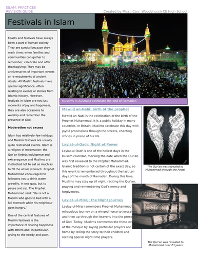 Islam: Practices: Festivals in Islam Information Pages Revision Sheets ...
