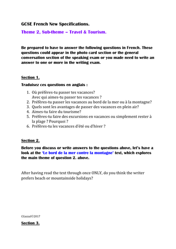 French GCSE (9 - 1) Theme 2, sub-theme Travel & Tourism. | Teaching ...