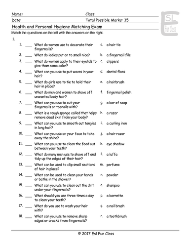 Health and Personal Hygiene Matching Exam | Teaching Resources