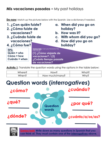 KS3/4 Spanish - Holidays & Preterite past tense (Question words ...