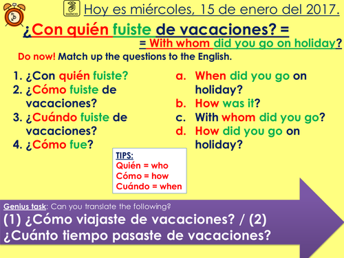 KS3/4 Spanish - Holidays & Preterite past tense (Question words ...