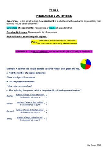 PROBABILITY ACTIVITIES. Summary, example and exercises. YEAR 7 ...