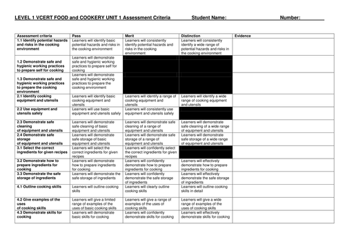 VCERT Food and Cookery Condensed Exam Board Assessment Sheets Level 1 ...
