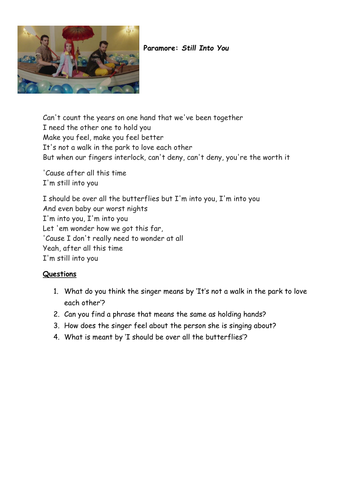 Comprehension- based on song lyrics | Teaching Resources