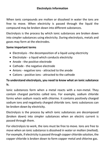 KS4 AQA GCSE Chemistry (Science) Electrolysis Lesson | Teaching Resources KS4 AQA GCSE Chemistry (Science) Electrolysis Lesson | Teaching Resources