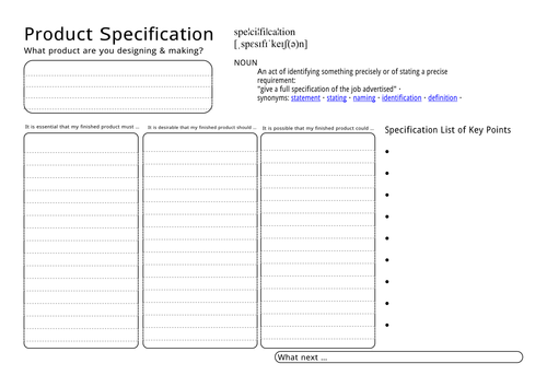 Product Specification Worksheet | Teaching Resources
