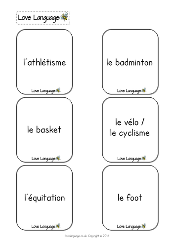 French sports and free time vocabulary cards | Teaching Resources