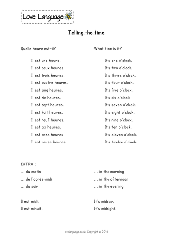 French telling the time (hour) vocabulary cards | Teaching Resources