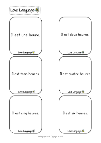 French telling the time (hour) vocabulary cards | Teaching Resources