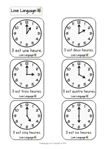 French telling the time (hour) vocabulary cards | Teaching Resources