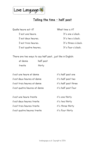 French telling the time (half hour/thirty) vocabulary cards | Teaching ...