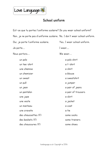 French school uniform vocabulary cards - clothes | Teaching Resources