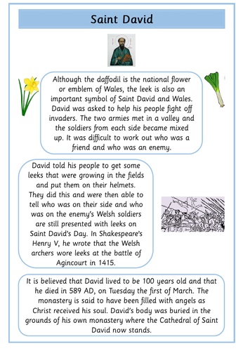 Saint David's Day - Text and Comprehension | Teaching Resources