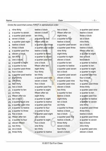 Telling Time Alphabetical Order Worksheet | Teaching Resources