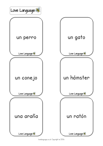 Spanish pets vocabulary cards | Teaching Resources
