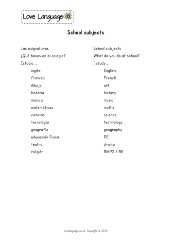 Spanish school subjects vocabulary cards | Teaching Resources