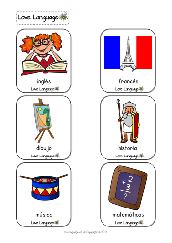 Spanish school subjects vocabulary cards | Teaching Resources