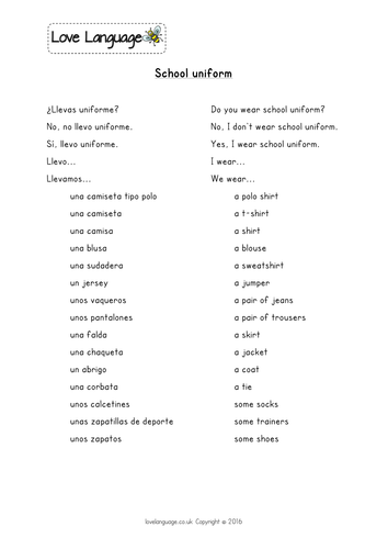 Spanish uniform vocabulary cards - clothes | Teaching Resources