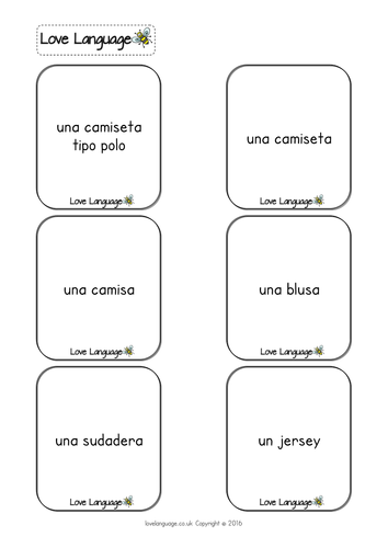 Spanish uniform vocabulary cards - clothes | Teaching Resources