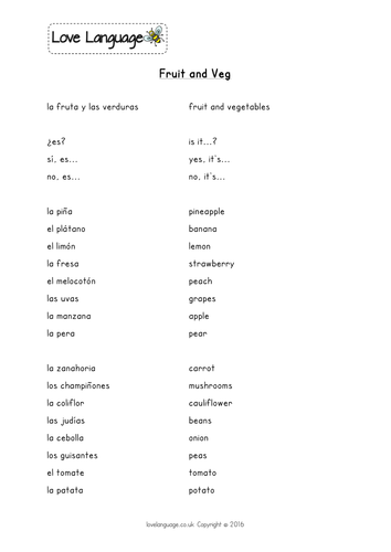 Spanish fruit and veg vocabulary cards | Teaching Resources