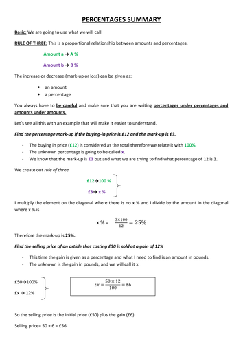 PERCENTAGES SUMMARY | Teaching Resources