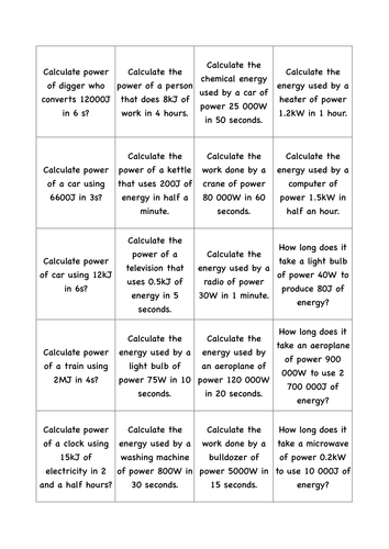 Power energy time equation question cards | Teaching Resources