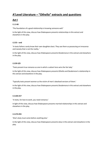 "Othello" questions for A'Level Literature | Teaching Resources