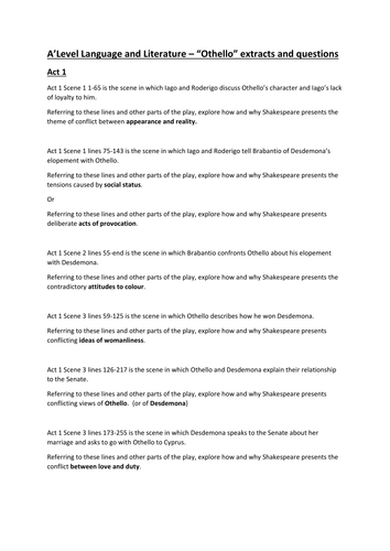 "Othello" exam questions for A'Level Language and Literature | Teaching ...