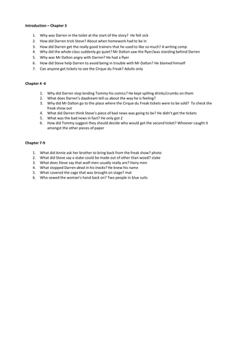 Cirque du Freak Darren Shan comprehension questions by chapter ...