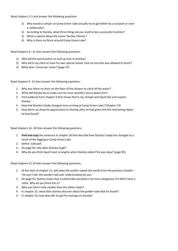 Holes by Louis Sachar comprehension questions by chapter | Teaching ...